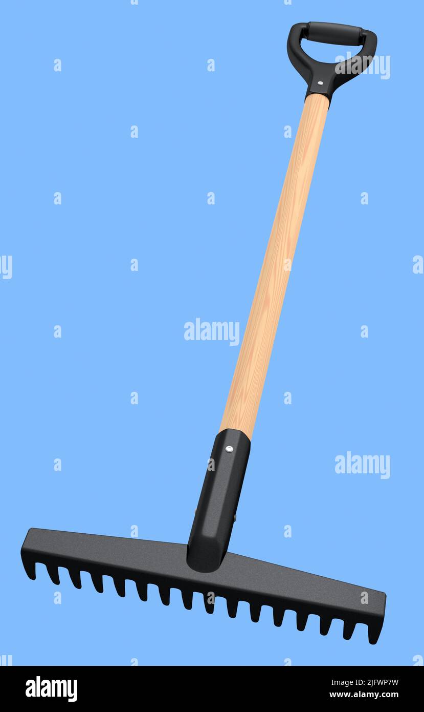 Garden rake with wooden handle for harvesting hay isolated on blue ...