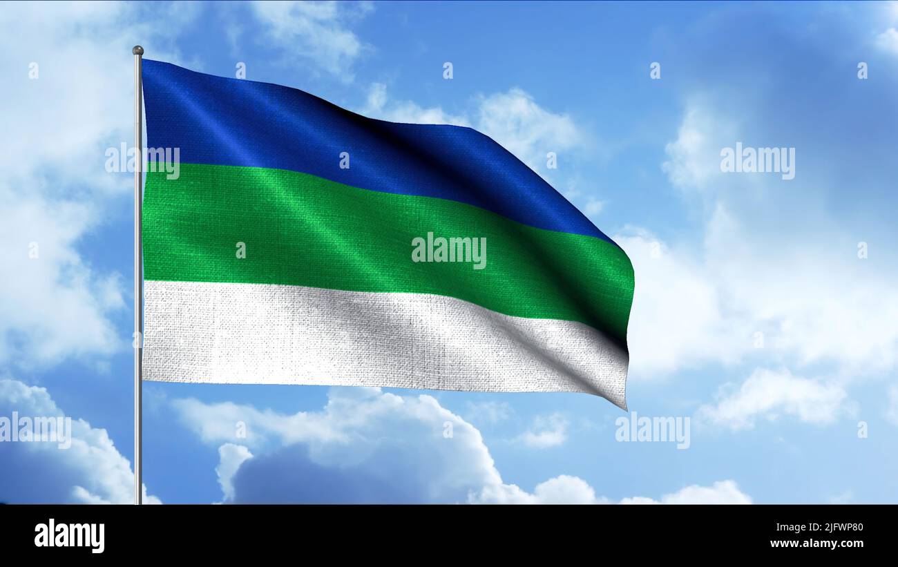 Beautiful 3d flag in wind on sky background. Motion. Flag on flagpole ...