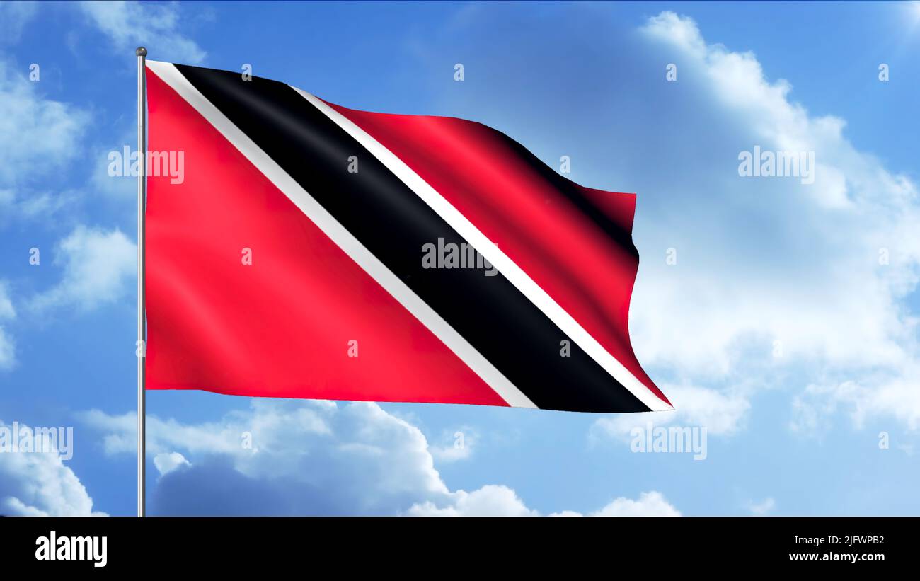 Beautiful 3d flag in wind on sky background. Motion. Flag on flagpole ...