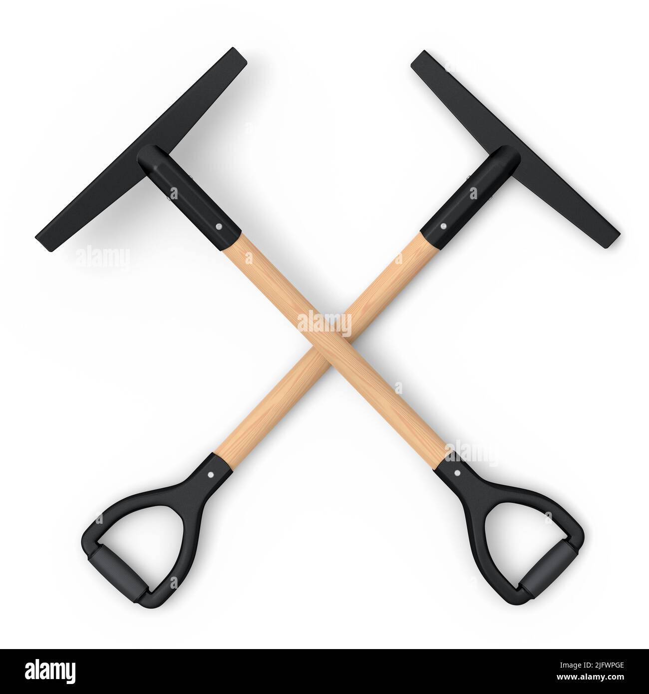 Set of crossed hoe with wooden stick for planting flowers and ...