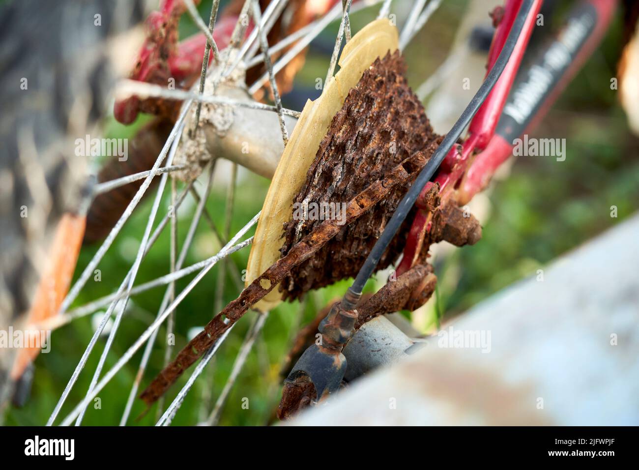 Close up of an old rusty bicycle. Chain is destroyed on gears. MTB Two ...