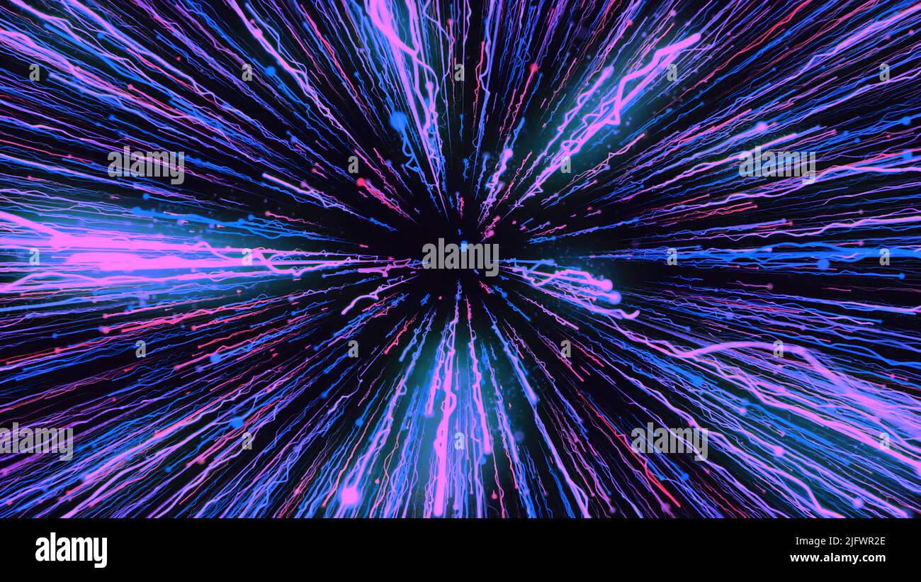 Cosmic stream with glowing lines on black background. Motion. Immersion ...