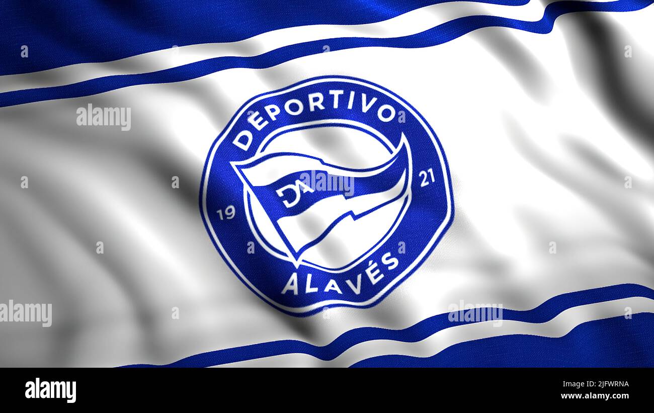 The emblem of Alaves.Motion.Blue and white logo of the Spanish ...