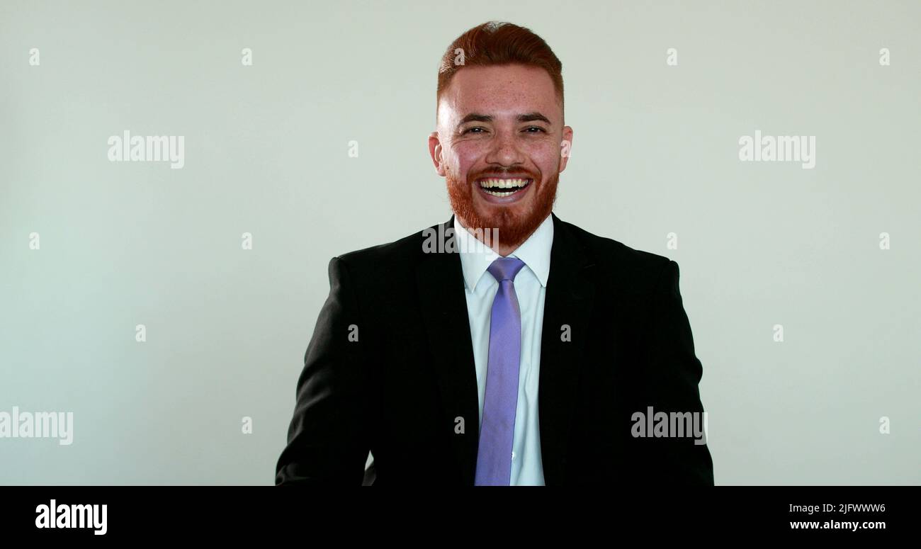 Man spontaneous smile and laugh portrait, business entrepreneur ...
