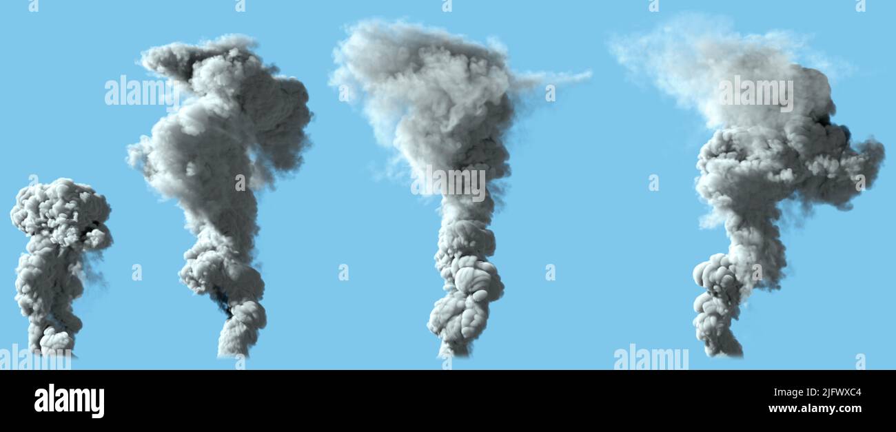 4 different images of solid gray smoke column as from volcano or big ...
