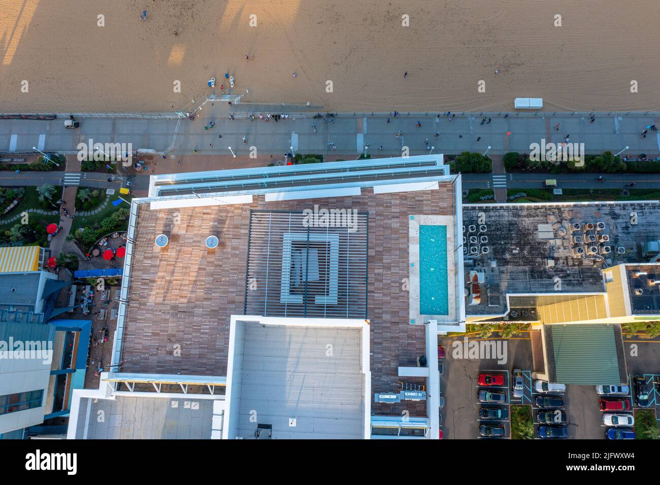 Aerial Top down View of a Rooftop Pool and Hotel in Virginia Beach ...