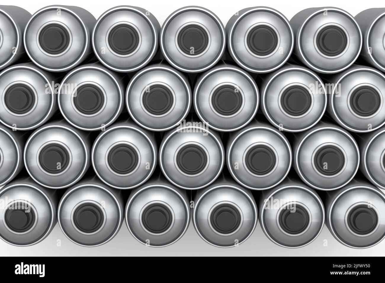 Set of silver spray paint cans in row on white background. 3d render ...