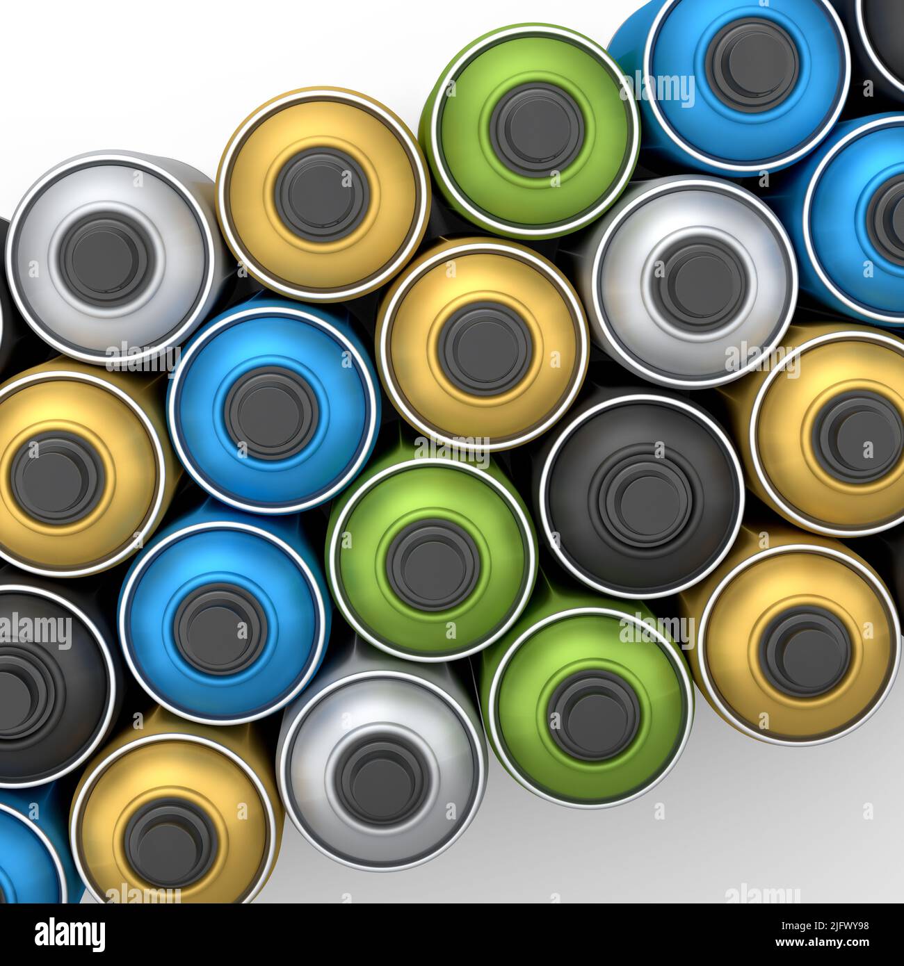 Set of colorful spray paint cans in row on white background. 3d render ...