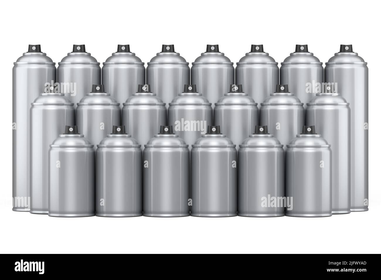 Set of silver spray paint cans in row on white background. 3d render ...