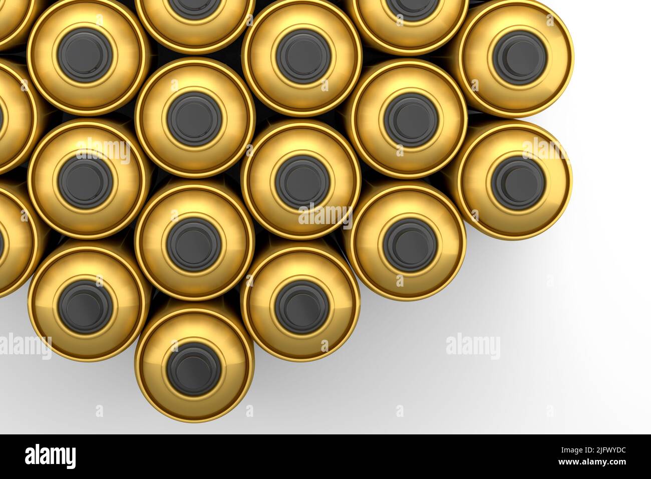 Set of gold spray paint cans in row on white background. 3d render ...