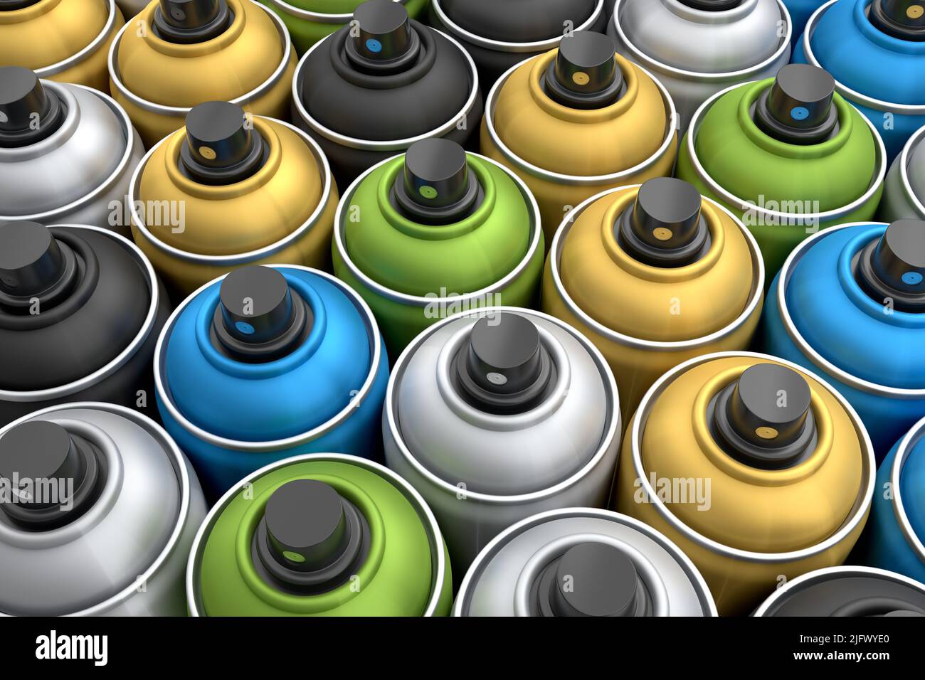 Set of colorful spray paint cans in row on white background. 3d render ...