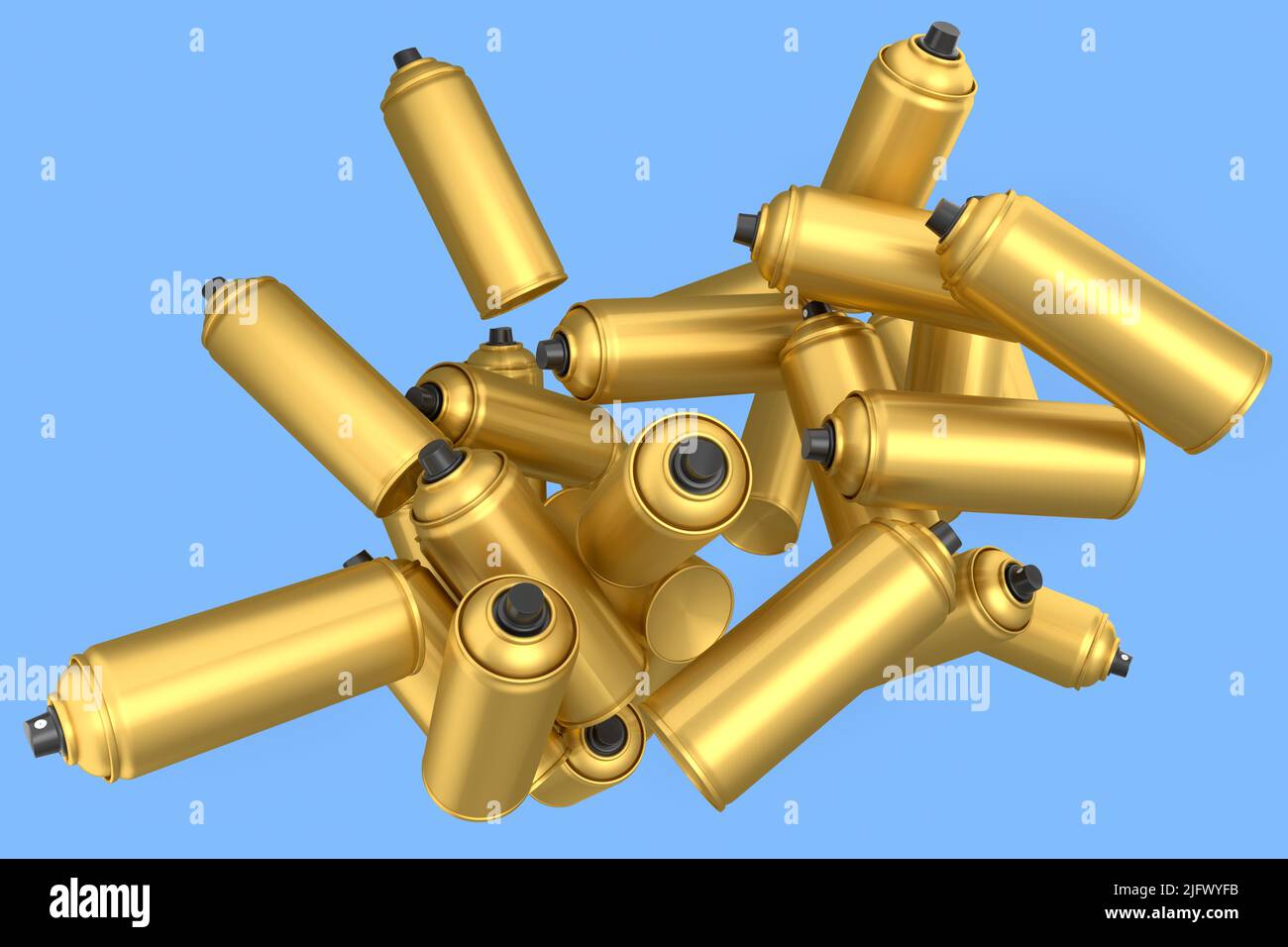 Lots of flying gold spray paint cans on blue background. 3d render ...