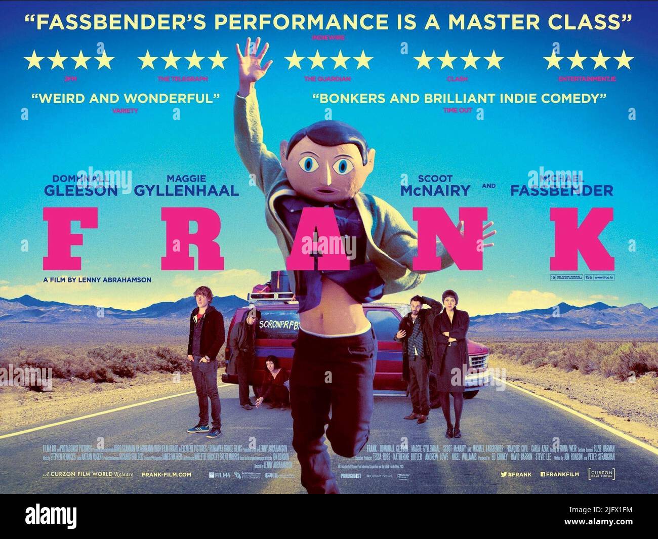 DOMHNALL GLEESON, MICHAEL FASSBENDER, MAGGIE GYLLENHAAL POSTER, FRANK, 2014 Stock Photo - Alamy