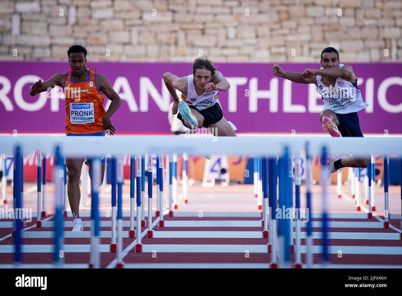 Belgian Nemo Rase (C) pictured in action at the 110m hurdles race on ...