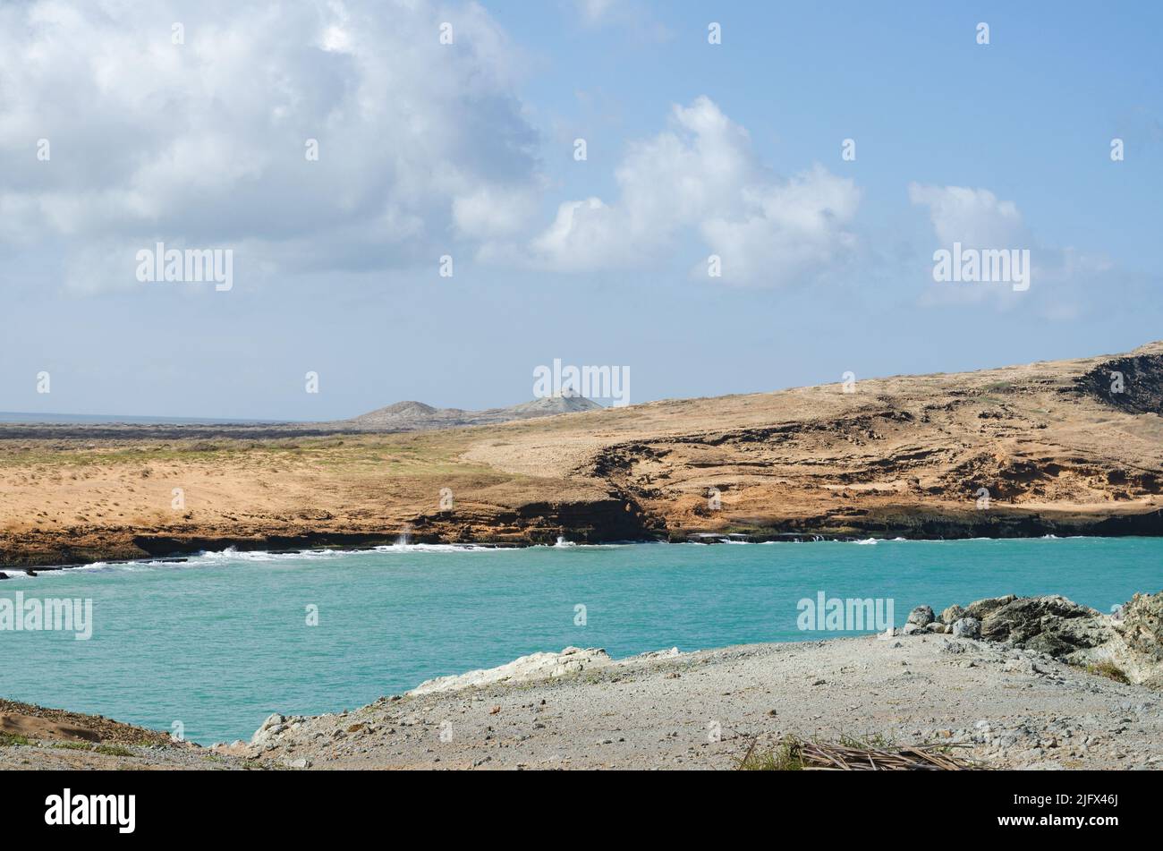 Landscape of the Colombian Caribbean coast in the Guajira desert with ...