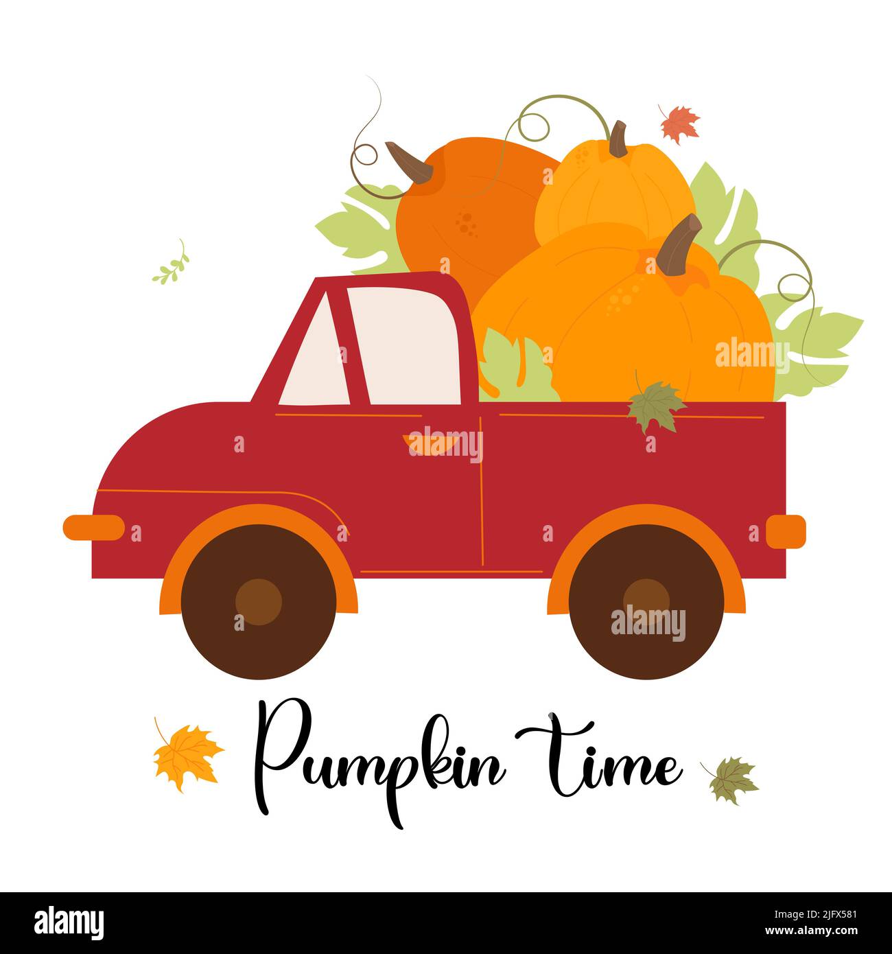 Fall truck with pumpkin harvest. Cute happy pumpkin truck with autumn ...