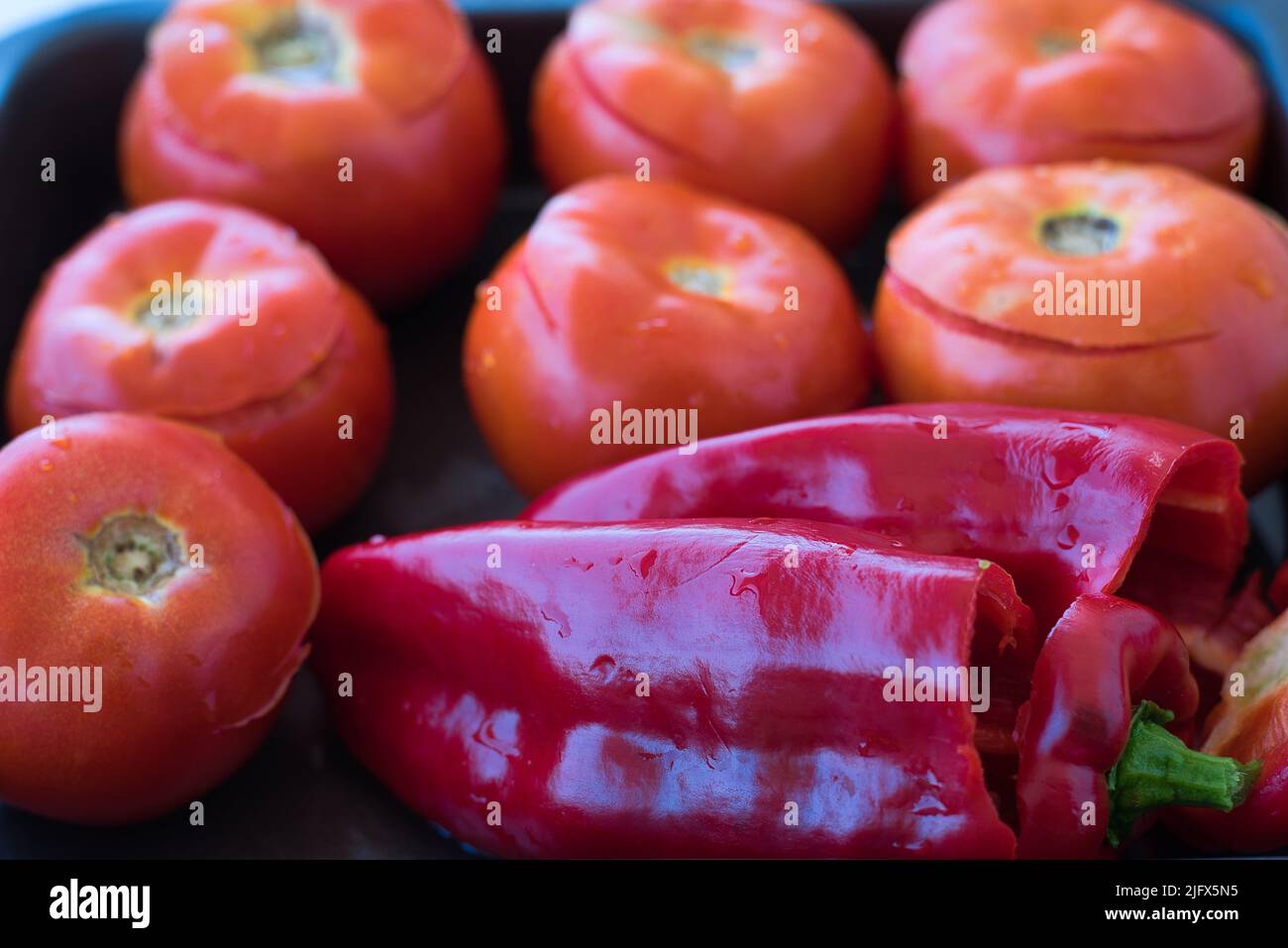 Greek traditional food Gemista already cooked in the oven. Stuffed ...