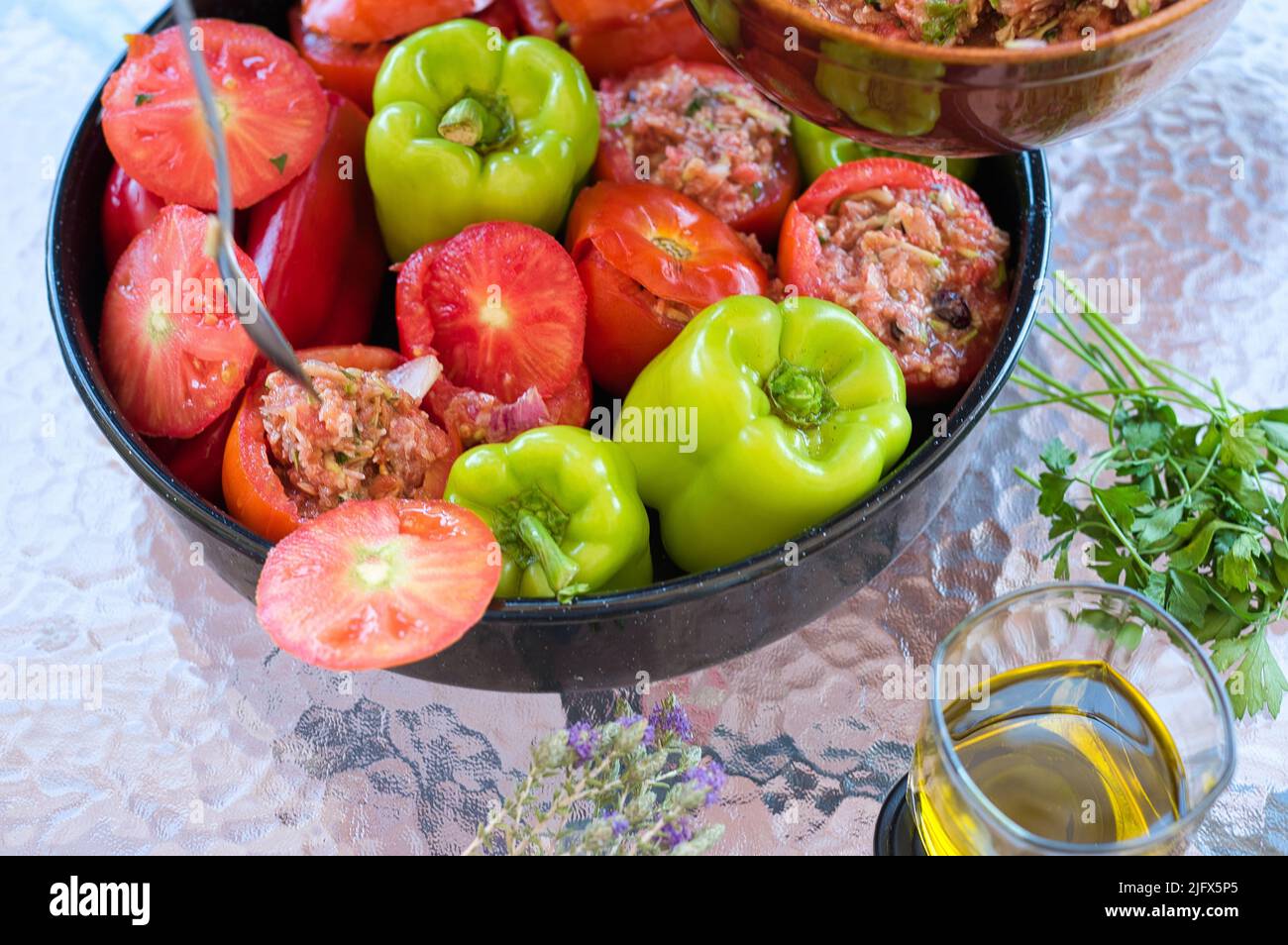 Greek traditional food Gemista already cooked in the oven. Stuffed ...