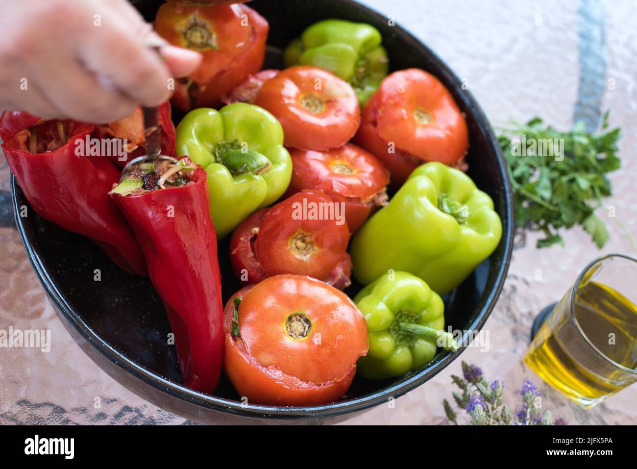 Greek traditional food Gemista already cooked in the oven. Stuffed ...