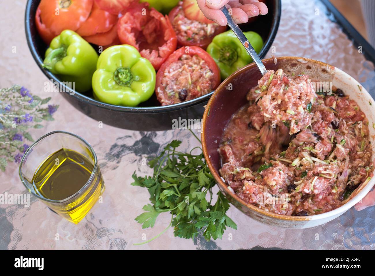 Greek traditional food Gemista already cooked in the oven. Stuffed ...