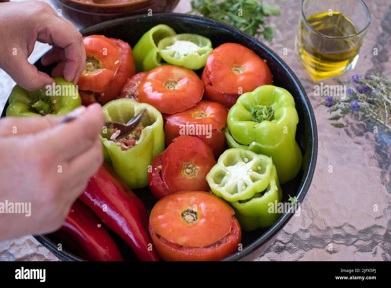 Greek traditional food Gemista already cooked in the oven. Stuffed ...