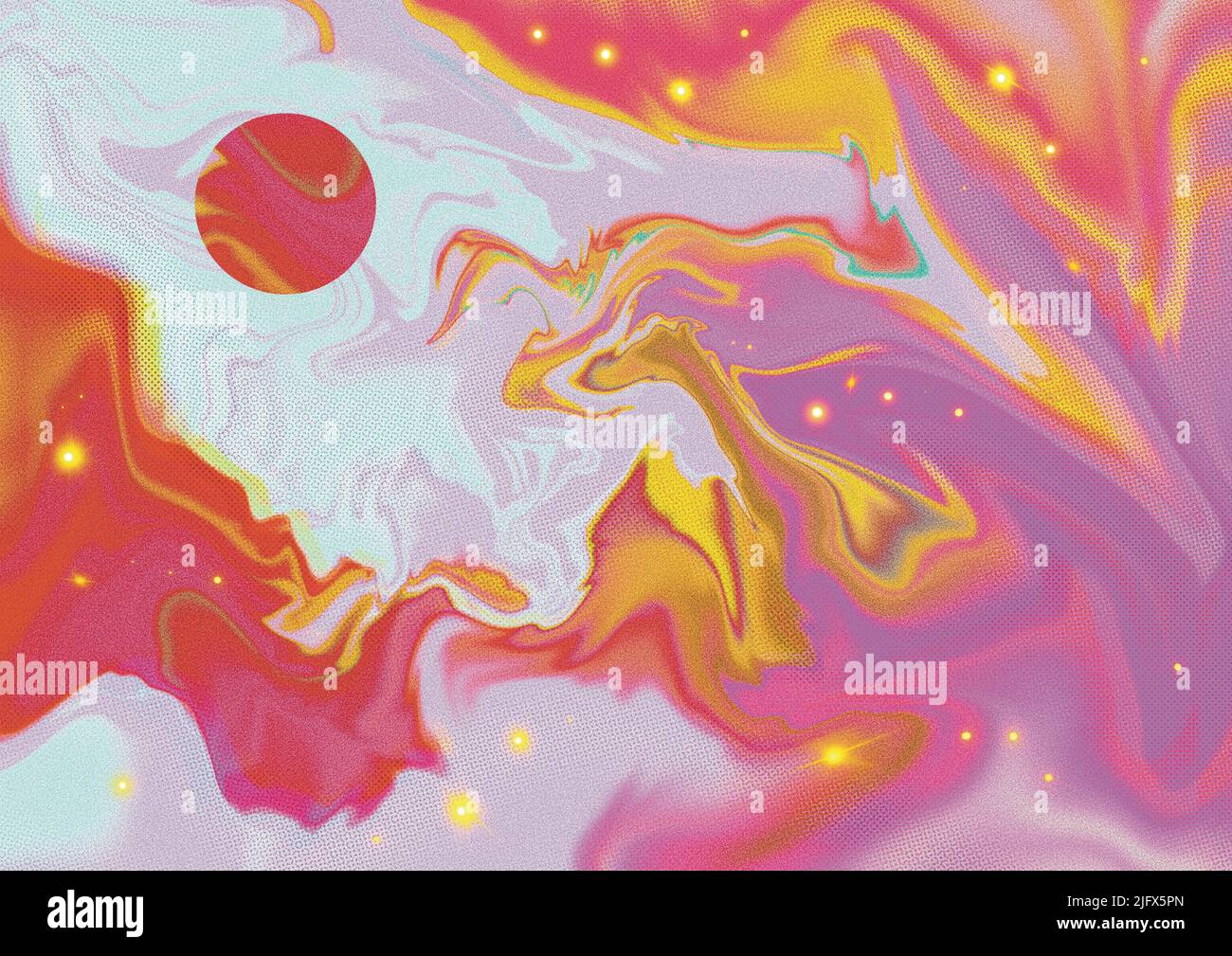 Retro 80s Pink and red Mars marbled night sky with round red planet ...