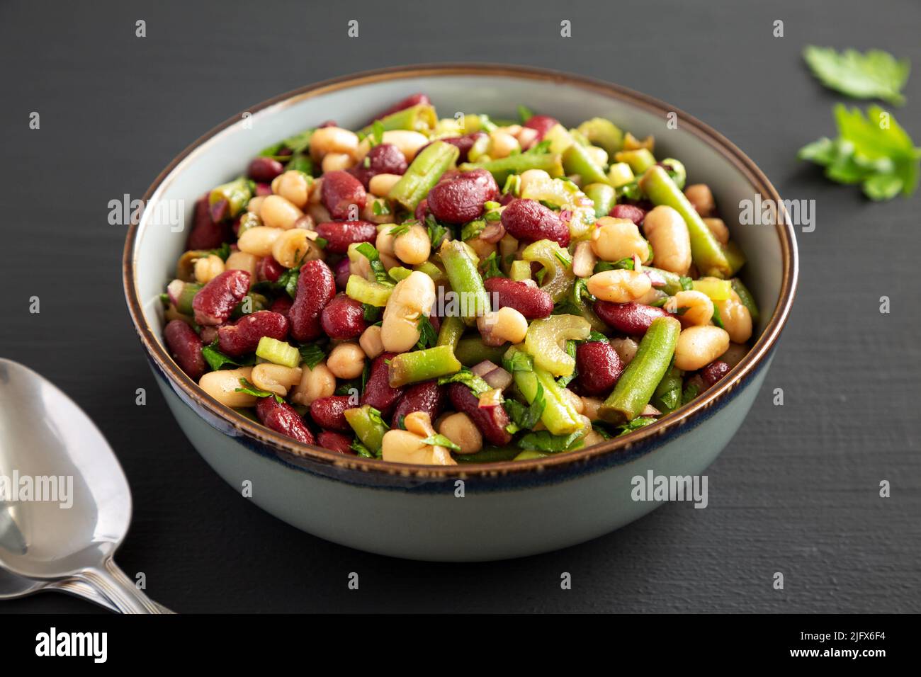 Homemade Three Bean Salad in a Bowl on a black background, side view ...