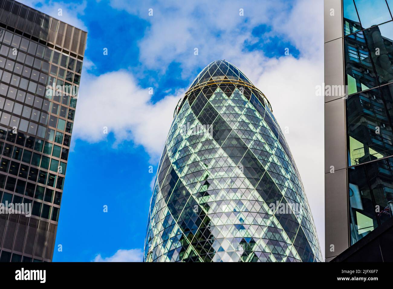 Distinctive shape of the Gherkin building. 30 St Mary Axe, previously ...