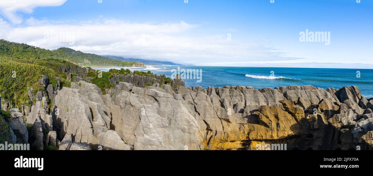 Panorama of stratified layer-like formation of famous pancake rocks at ...