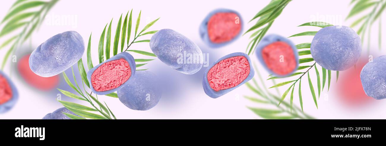 Japanese rice cakes float in the air. A conceptual composition of ...