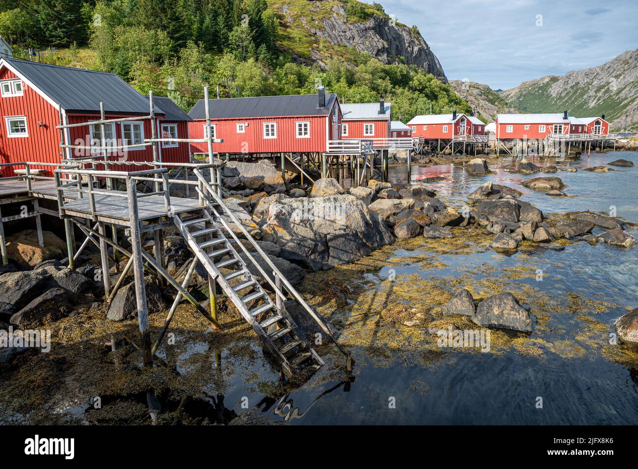 Red fishermen's huts rorbu, Nusfjord village, Lofoten Islands, Norway ...