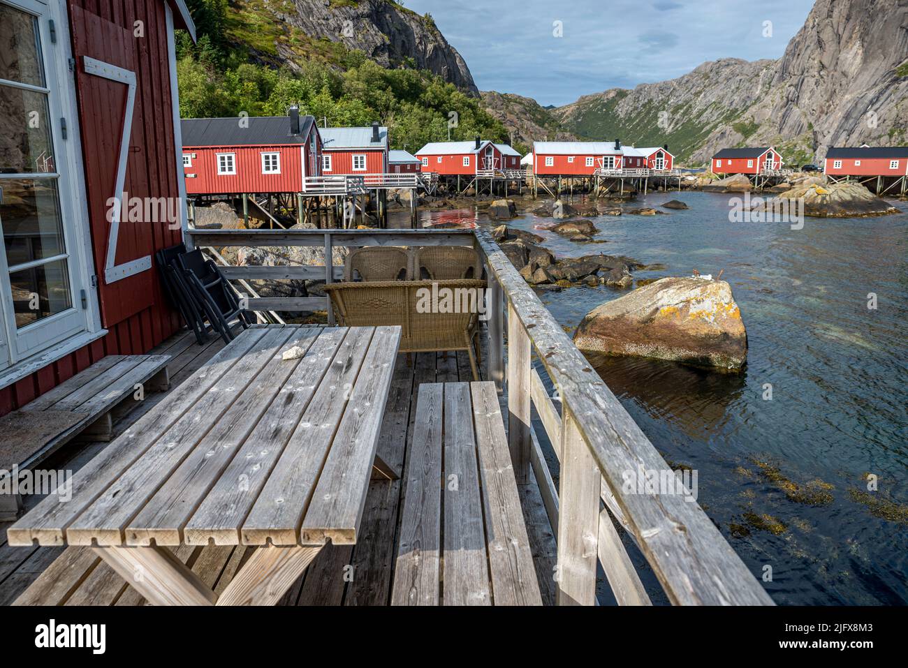 Red fishermen's huts rorbu, Nusfjord village, Lofoten Islands, Norway ...
