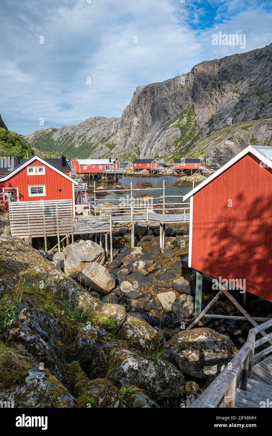 Red fishermen's huts rorbu, Nusfjord village, Lofoten Islands, Norway ...