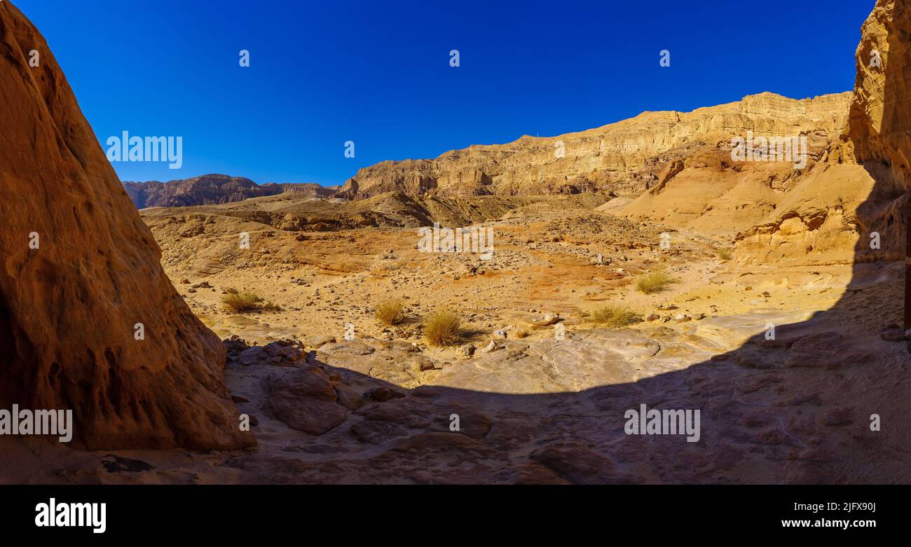 Panoramic view of the rock formations and landscape, in Timna desert ...
