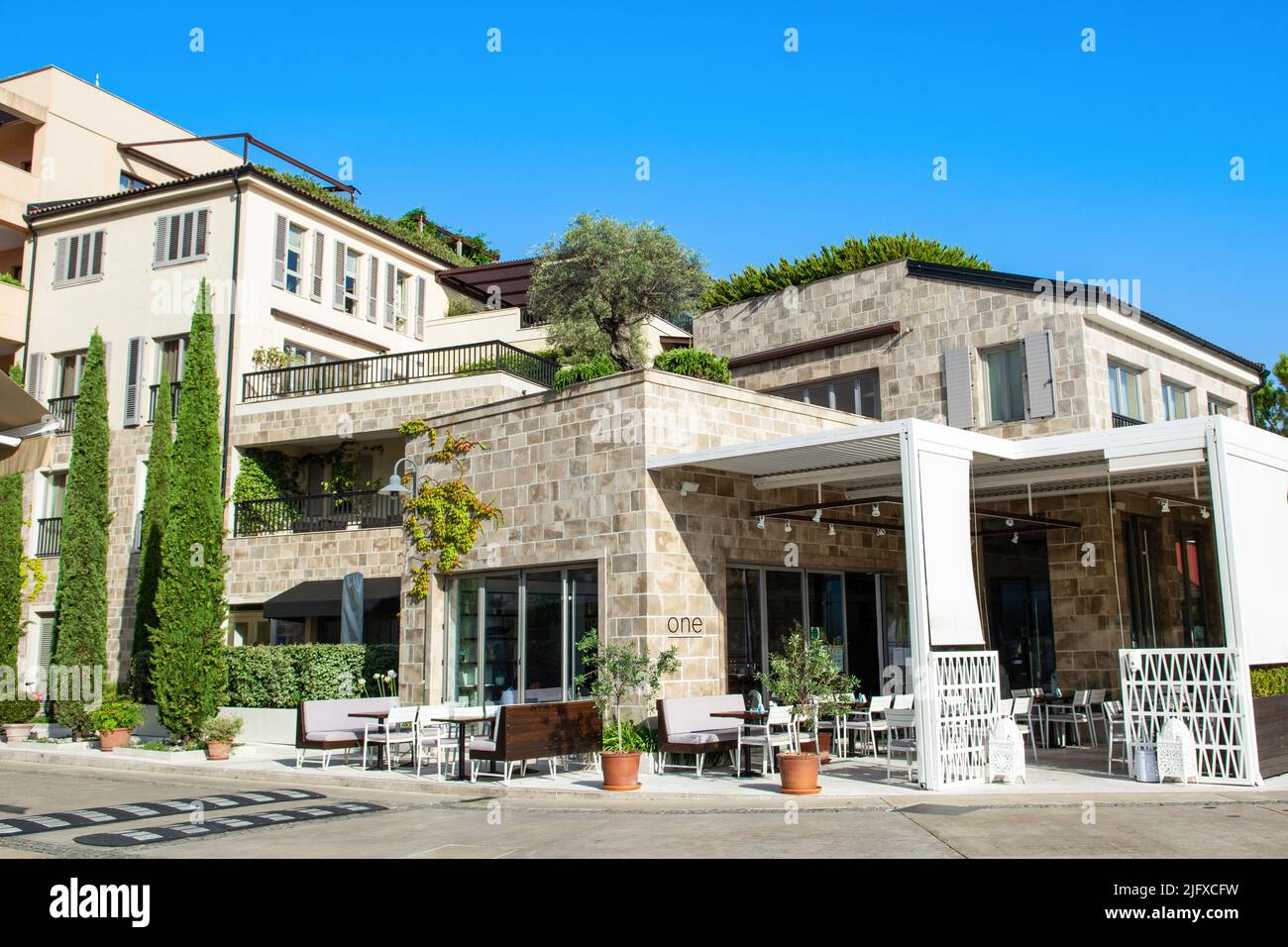 Tivat, Montenegro - June 18, 2022: Modern restaurant in yacht marina in ...