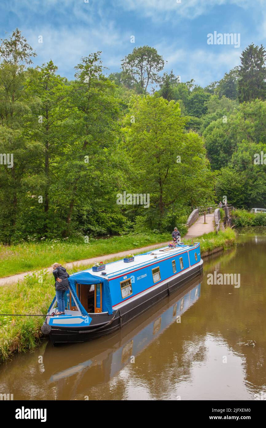 Canal narrowboat moored on the Caldon canal at Consall Wharf in the ...