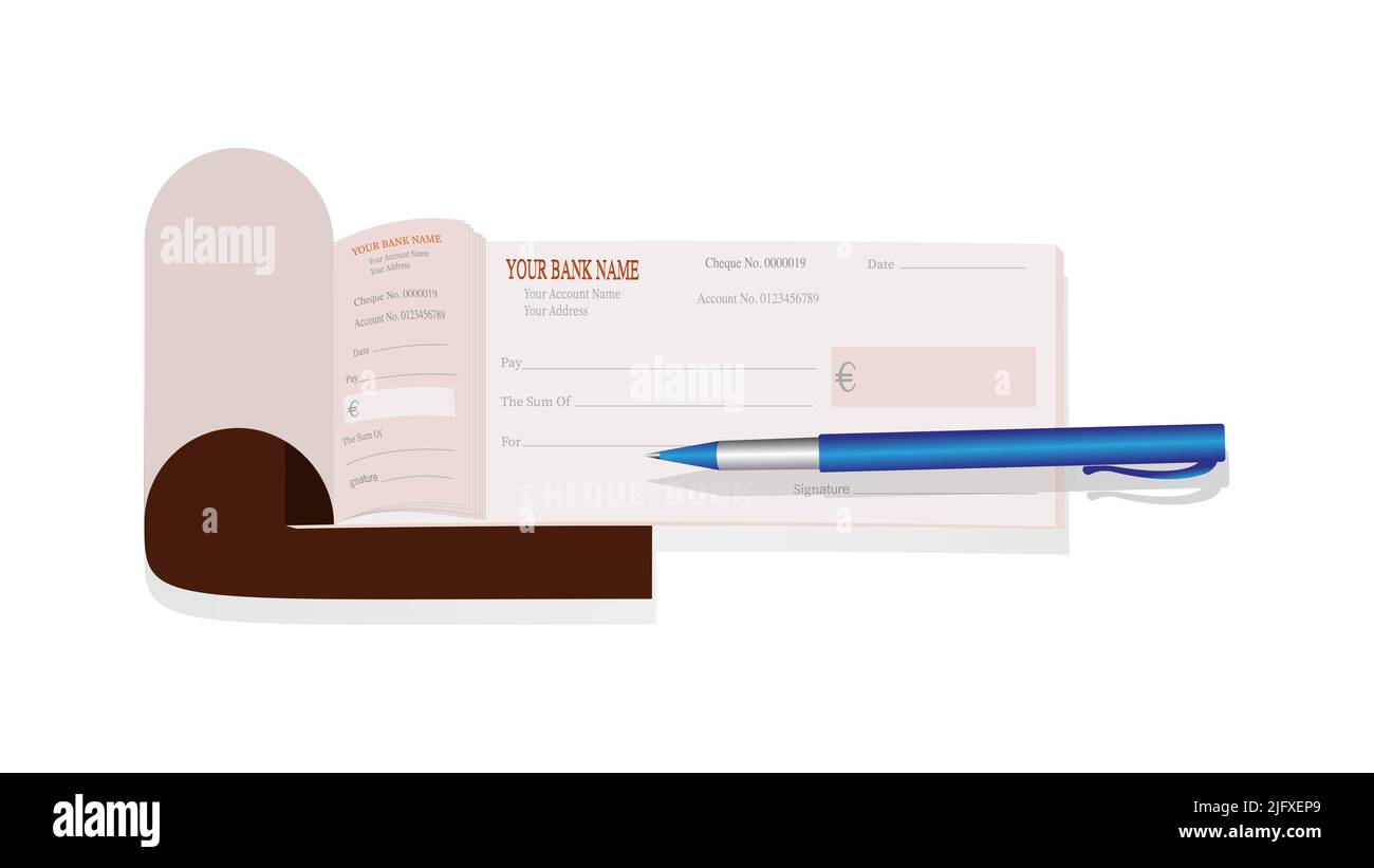 Brown cheque book with blue pen in white background Stock Photo - Alamy