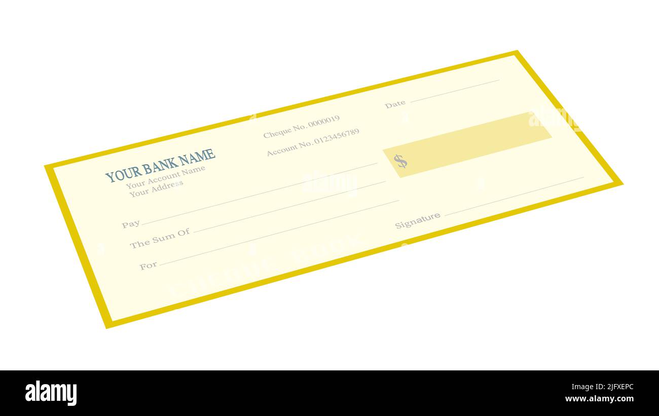 Yellow Cheque in white color Stock Photo - Alamy