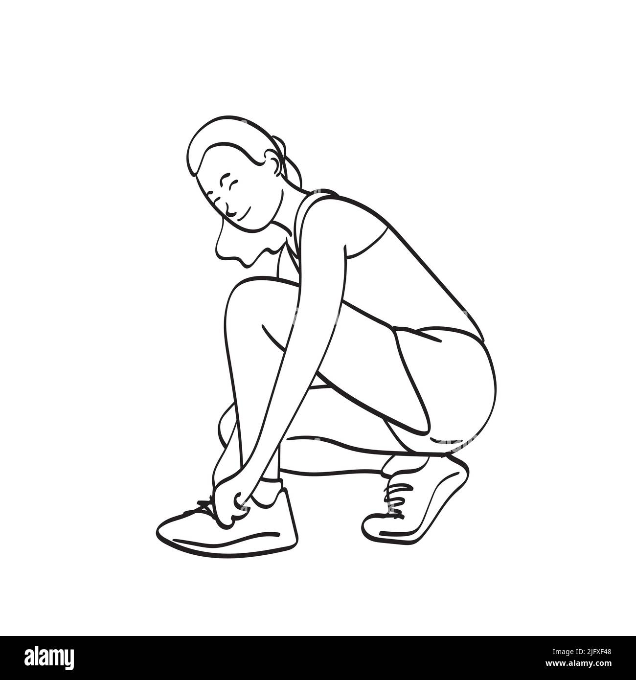smiling woman wearing sportwear ties shoelaces preparing for workout ...