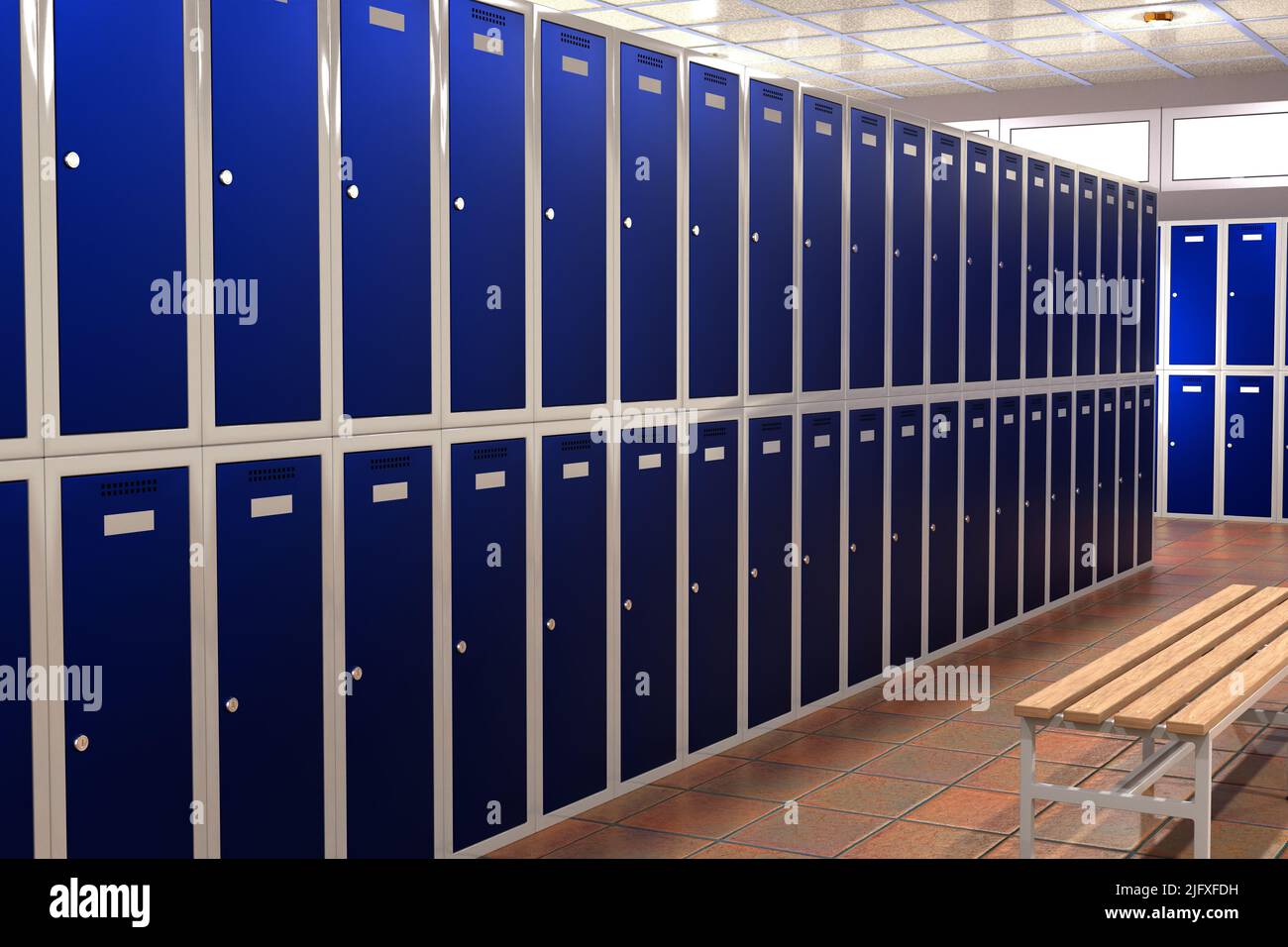 Locker room with blue lockers. 3D Render Stock Photo - Alamy