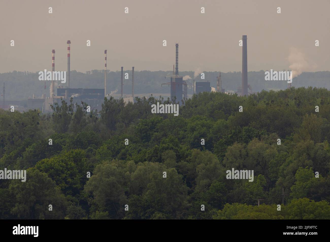 Panoramic view of a factory at the city of linz, austria. Dirty factory ...