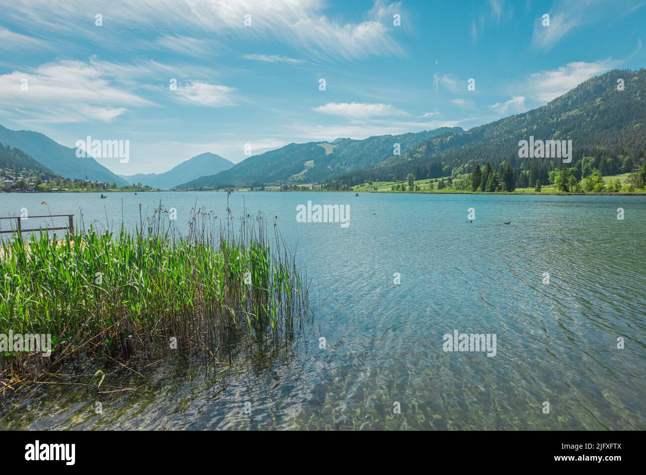 Beautiful shores of weissensee lake in Austria, beautiful backdrop with ...