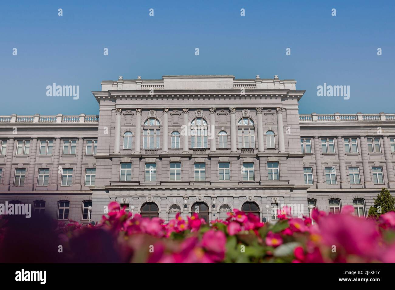 Frontal view of facade or entrance to Mimara museum in Zagreb on a ...