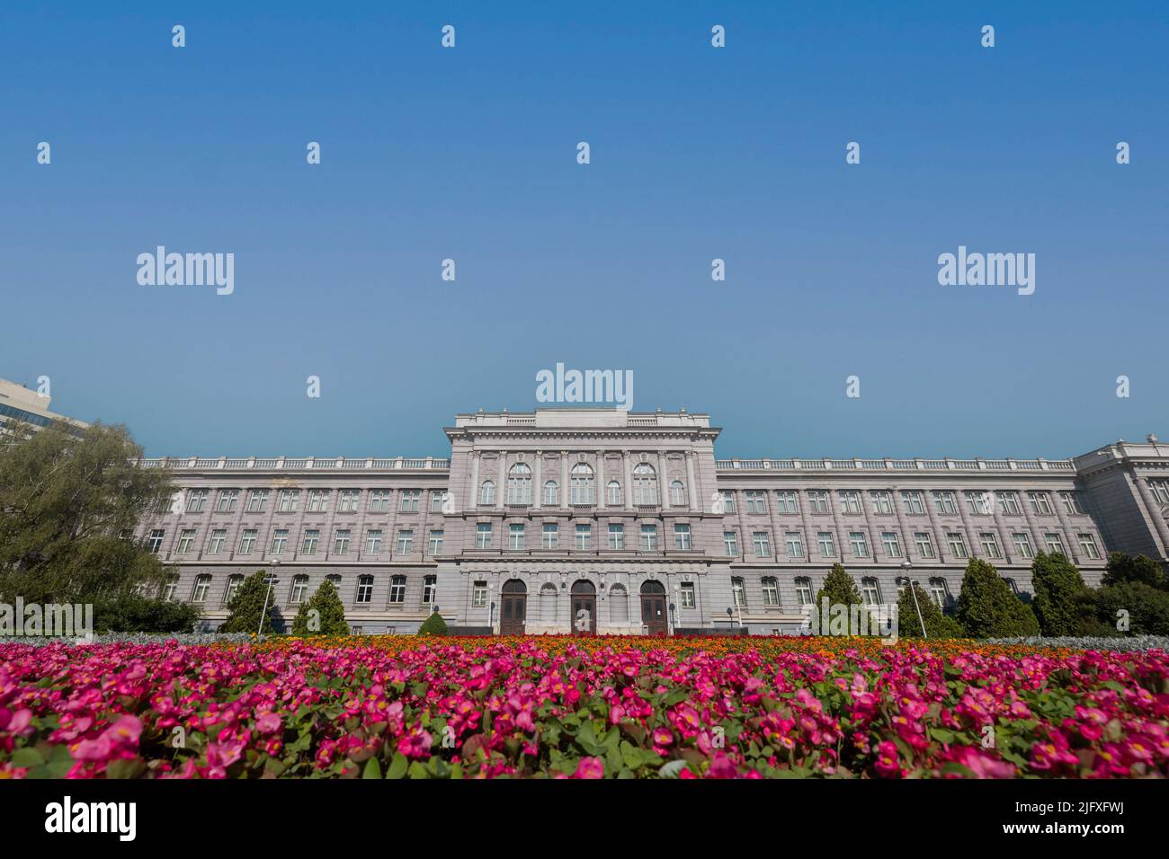 Frontal view of facade or entrance to Mimara museum in Zagreb on a ...