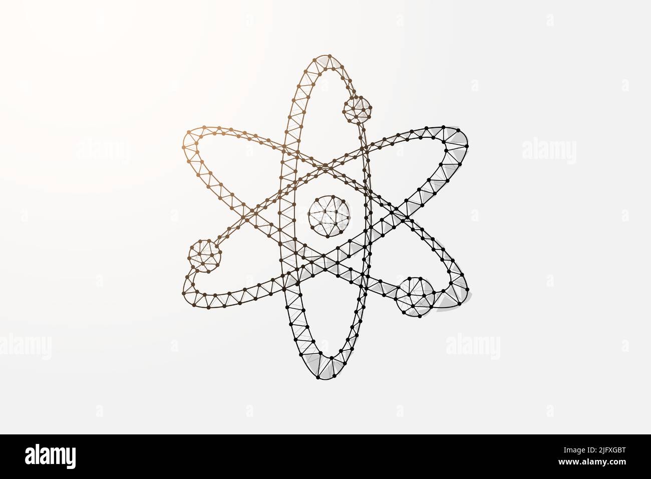 Atom 3d low poly symbol with connected dots. Atomic neutron, nuclear ...