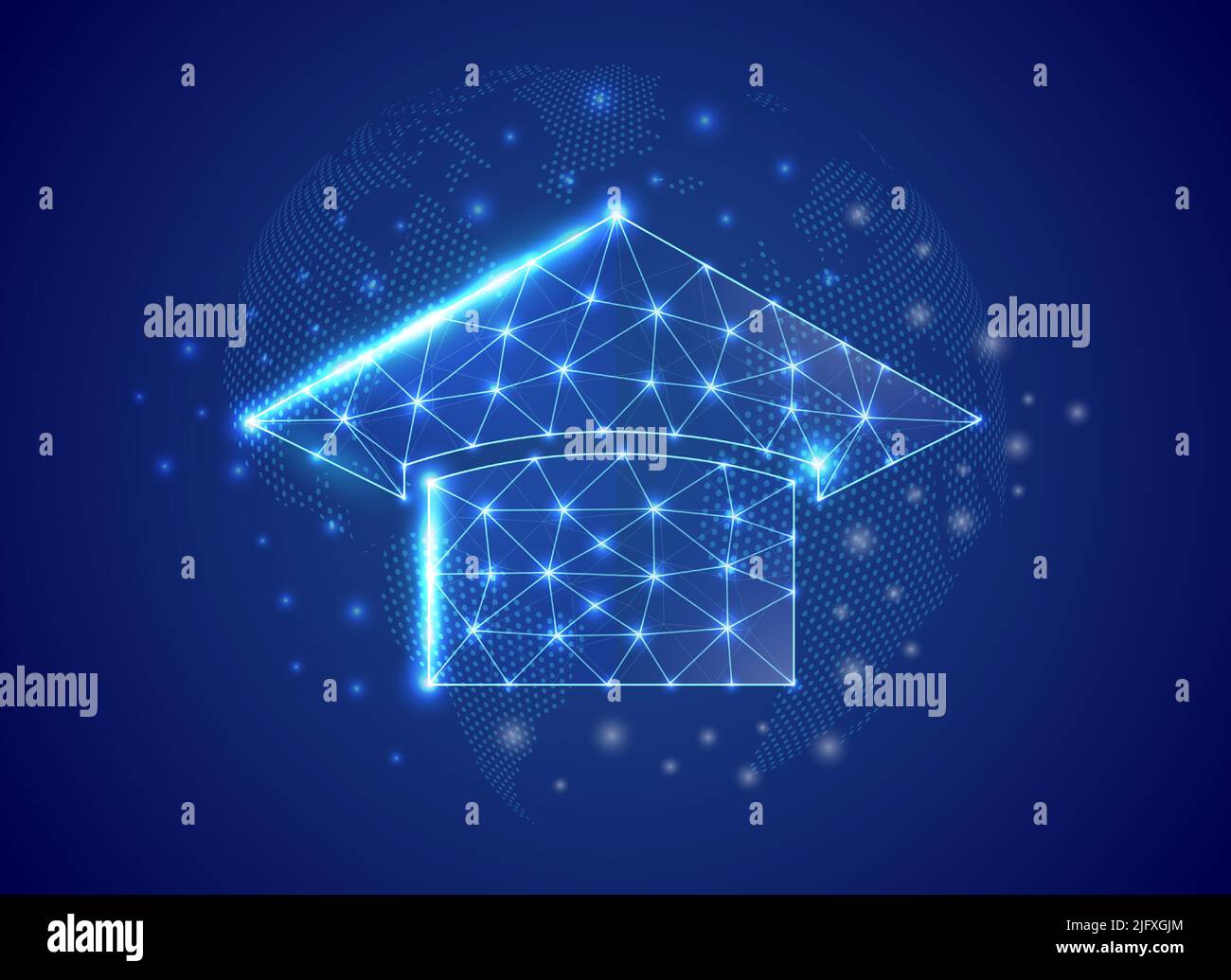 Graduation cap 3d low poly symbol with blue world map background. E-learning concept design ...