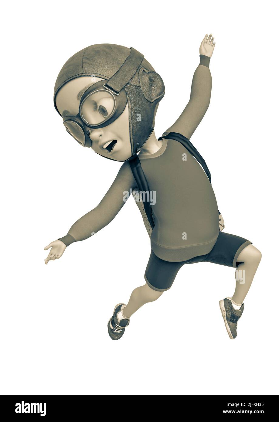 little boy cartoon floating . This explorer guy in clipping path is ...