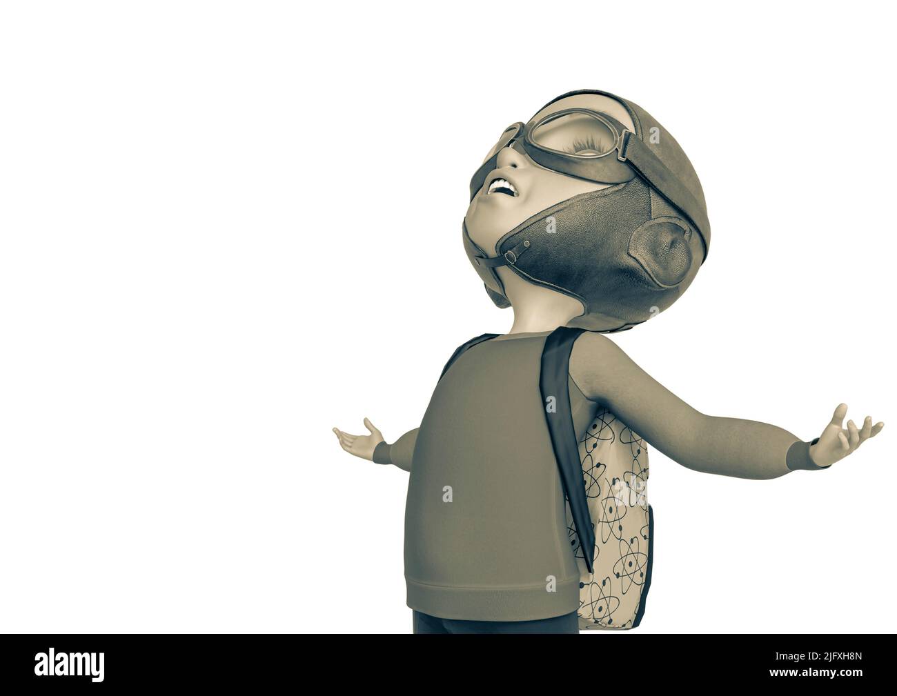 little boy cartoon looking up in a white background close up. This ...