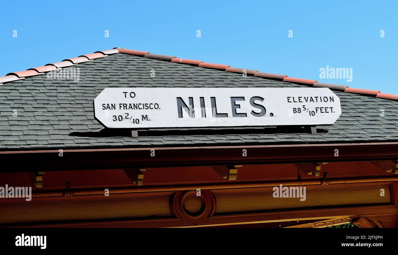 Niles elevation and miles to San Francisco sign on Niles train station ...