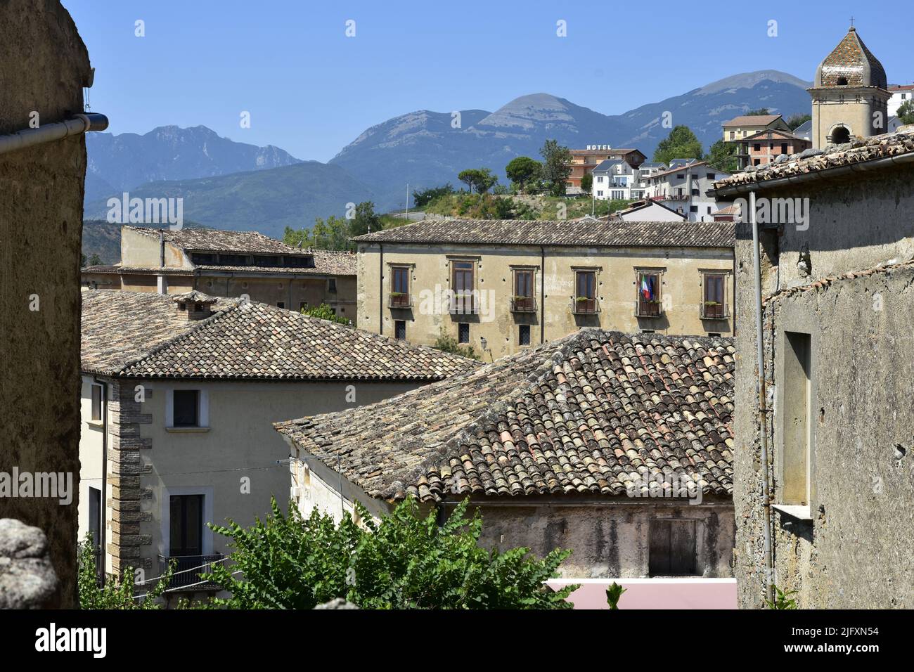 An aerial shot of roofs of Old houses in Altomonte, an old village in ...